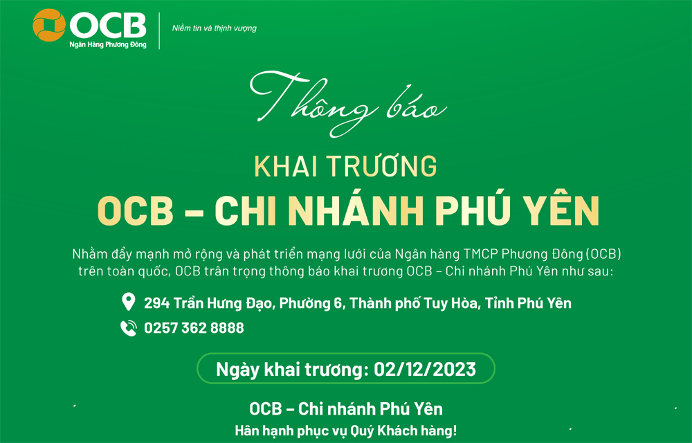 OCB Phú Yên khai trương trụ sở mới từ 2/12/2023